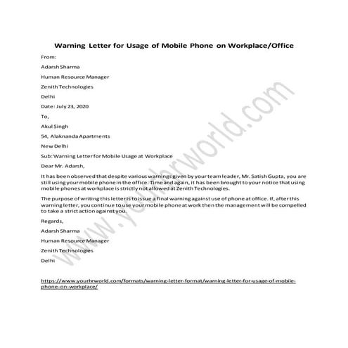 Warning Letter for Usage of Mobile Phone on Workplace/Office | DOCX