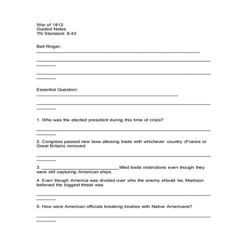 War of 1812 guided notes | DOCX