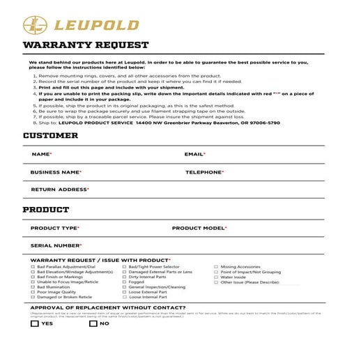 Warranty Request Form | Leupold | Optics Trade | PDF