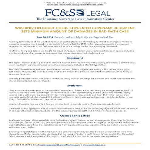 Washington Court Holds Stipulated Covenant Judgment Sets Minimum Amount ...