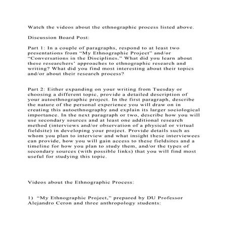 Watch the videos about the ethnographic process listed above.Dis