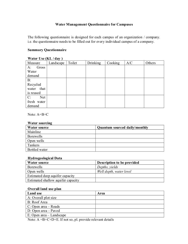 Water management questionnaire for industrial and institutions