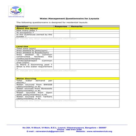 Water management questionnaire for layouts | DOC