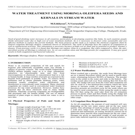 Water treatment using moringa oleifera seeds and kernals in stream water | PDF | Indoor ...