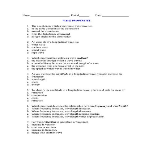 Wave properties take home test | DOC | Physics | Science