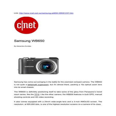 Samsung WB650 | DOCX | Cameras and Camcorders | Consumer Electronics
