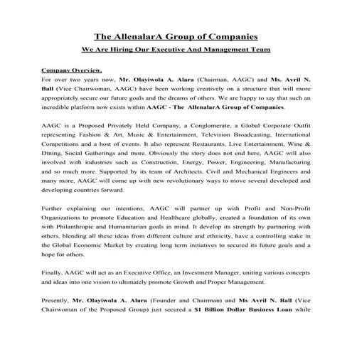 We Are Hiring Our Executive And Management Team. | PDF