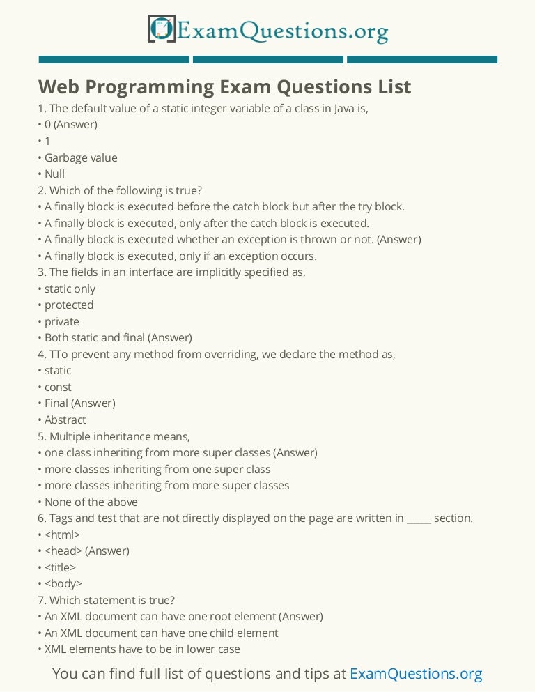 Web Programming Exam Questions List Web Programming Exam Questions List