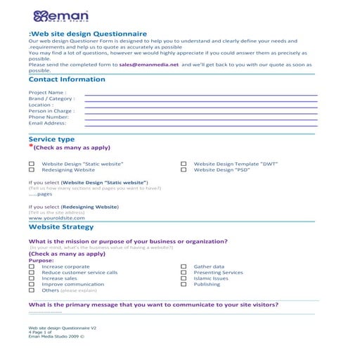 Web site design Questionnaire: | DOC