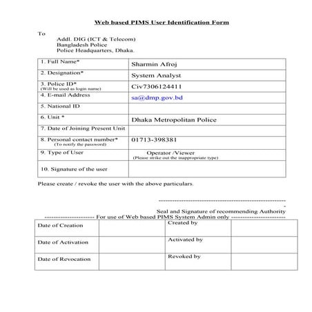 Web based pims user identification form | DOC