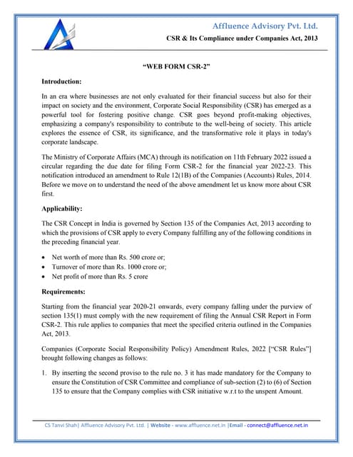 A Comprehensive Guide to CSR Reporting in India-Forms, Importance, and Penalties | PPTX