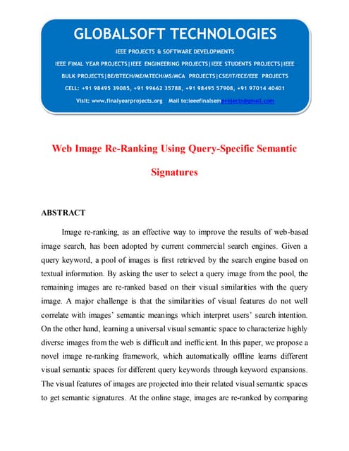Ieee 2014 Java Data Mining Projects Web Image Re Ranking Using Query Specific Semantic