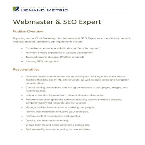 Webmaster & SEO Expert Job Description | DOC