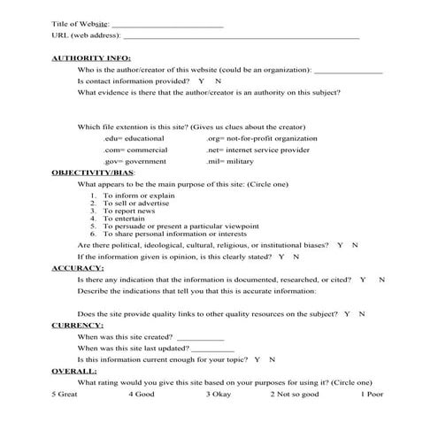 Website Evaluation Form | PDF
