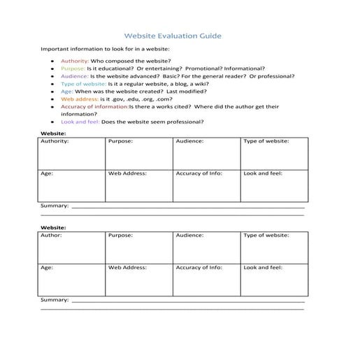 Website Evaluation Guide | DOCX | Internet for Beginners | Internet