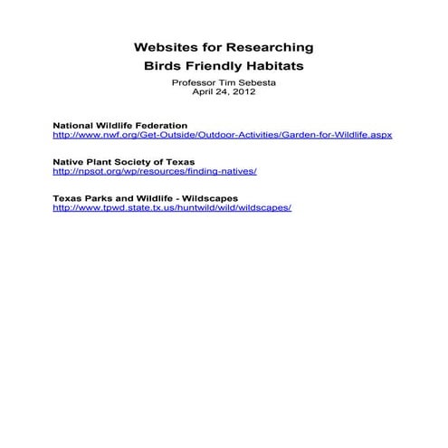 Websites for Researching Birds and Habitat | DOCX