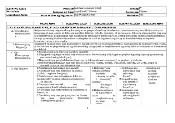 DLL MATATAG FILIPINO 7 Quarter 1 Week 4 | PPT DLL MATATAG FILIPINO 7 Quarter 1 Week 4 | PPT
