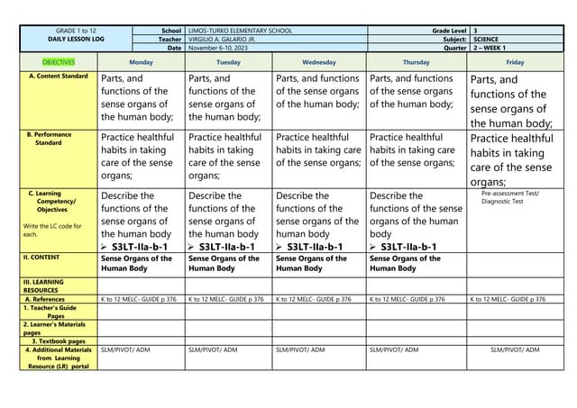 Detailed Lesson Plan in Science and Health Grade 3 Sense Organ | DOCX