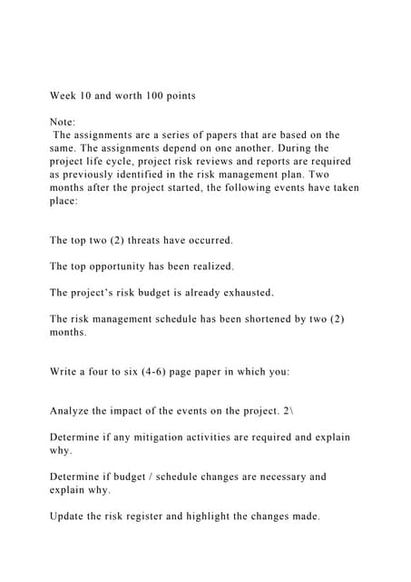 Assignment 1 Risk ManagementDue Week 2 and worth 120 pointsIt i.docx ...