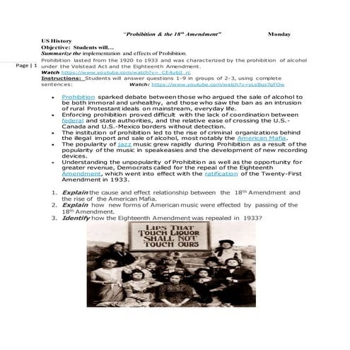 The Roaring Twenties; Prohibition 18th amendment roaring 20's and the ...