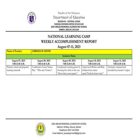 weekly accomplishement report nlc | DOCX | Education