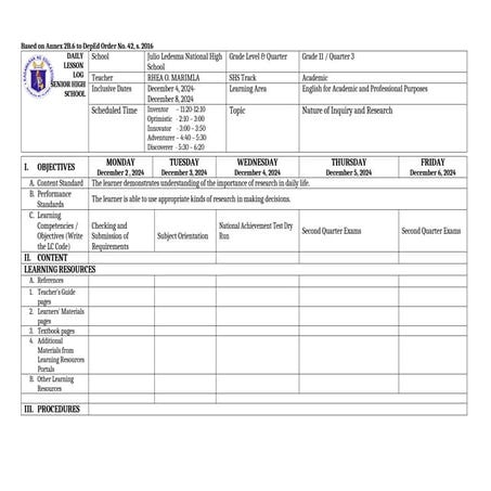 Practical Research I Daily Lesson Log Week 1 | DOCX