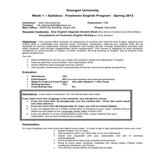 Week 1 – Sllyabus Freshmen English Program - Spring 2013 | DOC