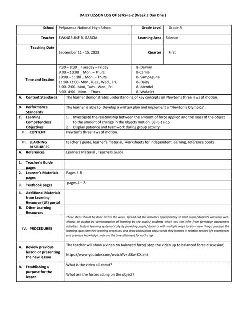 Daily Lesson Log General-Physics-1-Quarter 2 | DOCX