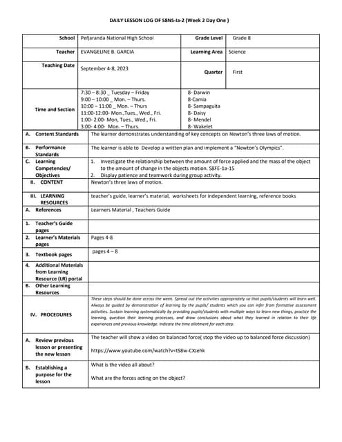 Daily Lesson Log General-Physics-1-Quarter 2 | DOCX