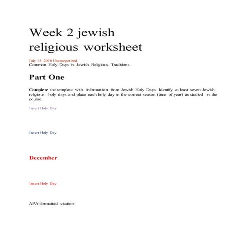 Jewish Holy DaysRubric - Individual Assignment (Week 2)Content.docx