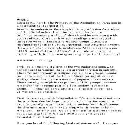Week 3Lecture #3, Part I The Primacy of the Assimilation Paradi.docx