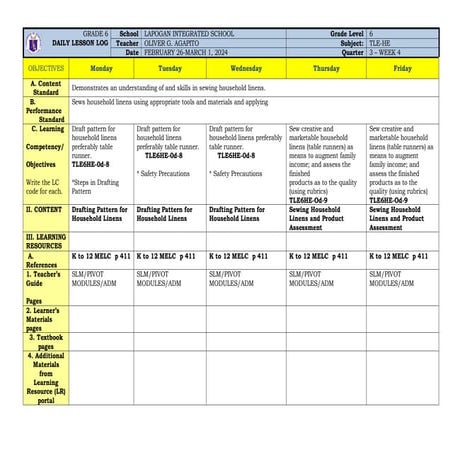 WEEK4-dll-TLE -HE for quarter 3 in EPP 6 | PDF