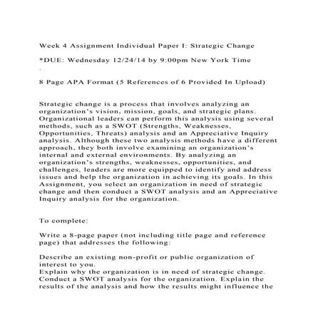 Week 4 Assignment Individual Paper I Strategic ChangeDUE We.docx