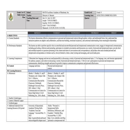 WEEK 4 Daily Lesson Plan Effective Communication | DOCX