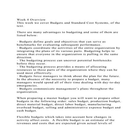 Week 4 Overviewthis Week We Cover Budgets And Standard Cost Syst Docx