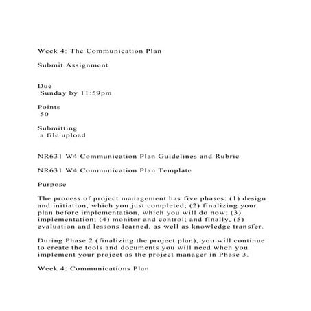Week 4 The Communication PlanSubmit AssignmentDue S | DOCX