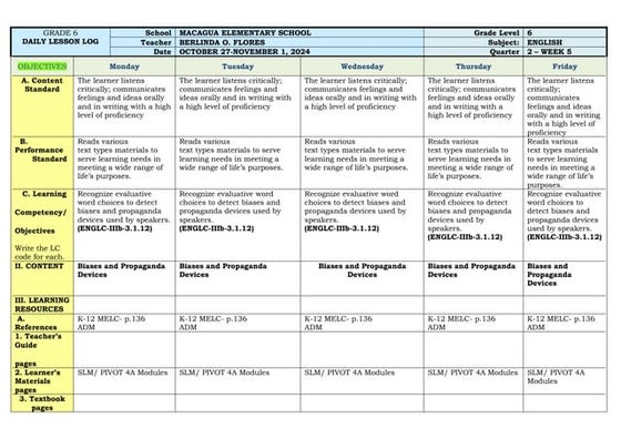Daily Lesson Log ESP 6 Quarter 2 Week 1. | DOCX