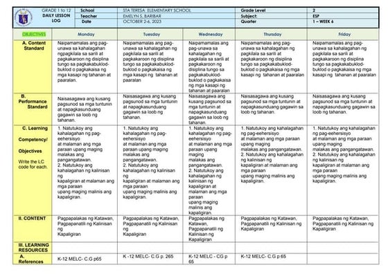 Grade 1 daily lesson log. week 6 day 1 to 5 GMRC | PPT