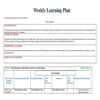 WEEKLY-PLAN-GRADE6 lesson plan for grade 6 | DOCX | Educational ...