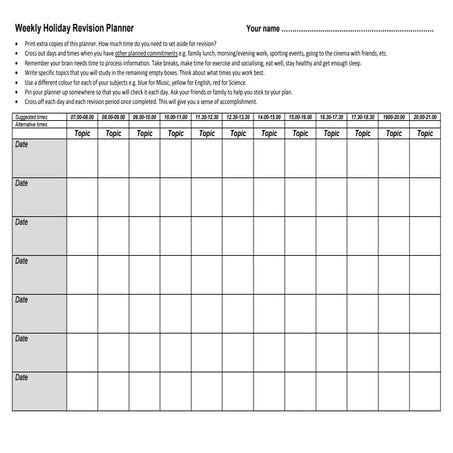 Weekly holiday revision planner | PDF