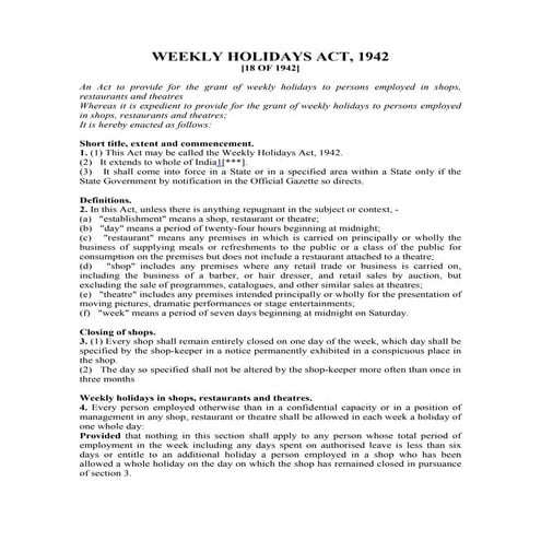 Weekly holidays act, 1942 | PDF