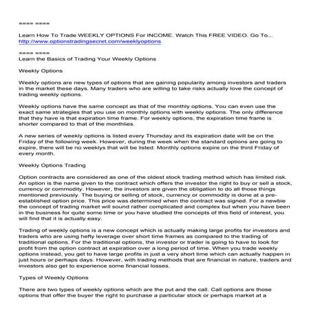 Weekly Options Income - How To Do It