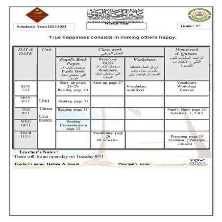 Weekly plan 3 | DOC | Homework and Study | Education