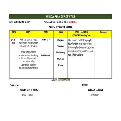 Weekly plan of activities('21 22) | DOCX