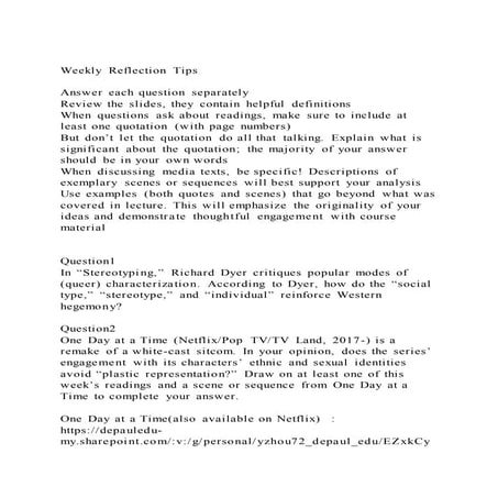 Weekly reflection tips answer each question separatelyreview | DOCX