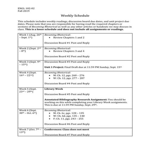 Weekly schedule fall 2019 | PDF