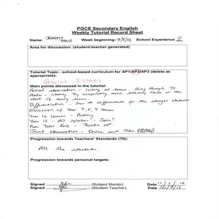 Weekly tutorial record - General issues | PDF