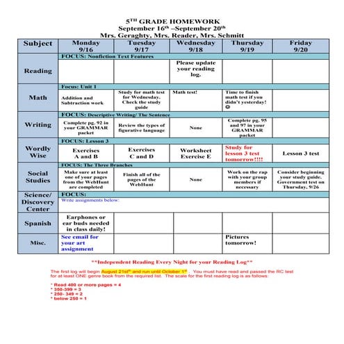 Week of September 15th | DOCX | Homework and Study | Education