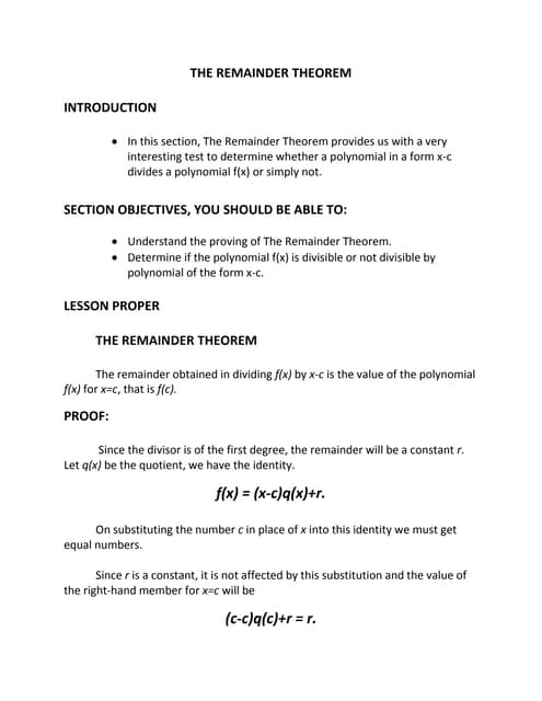 Remainder and Factor Theorem | PPTX | Physics | Science