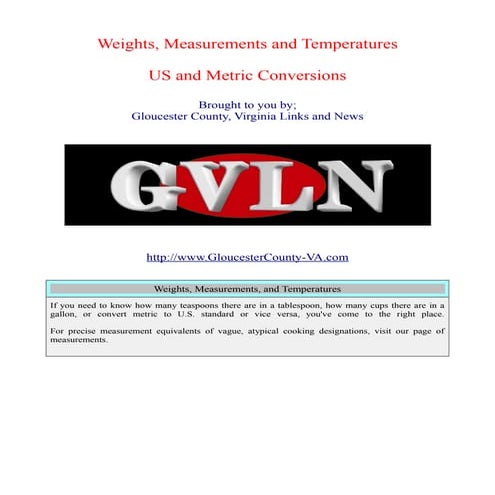 Weights, Measurements and Temperatures US and Metric Conversions | PDF